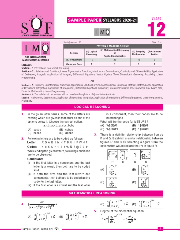 Imo Class 12 | PDF | Equations | Integral