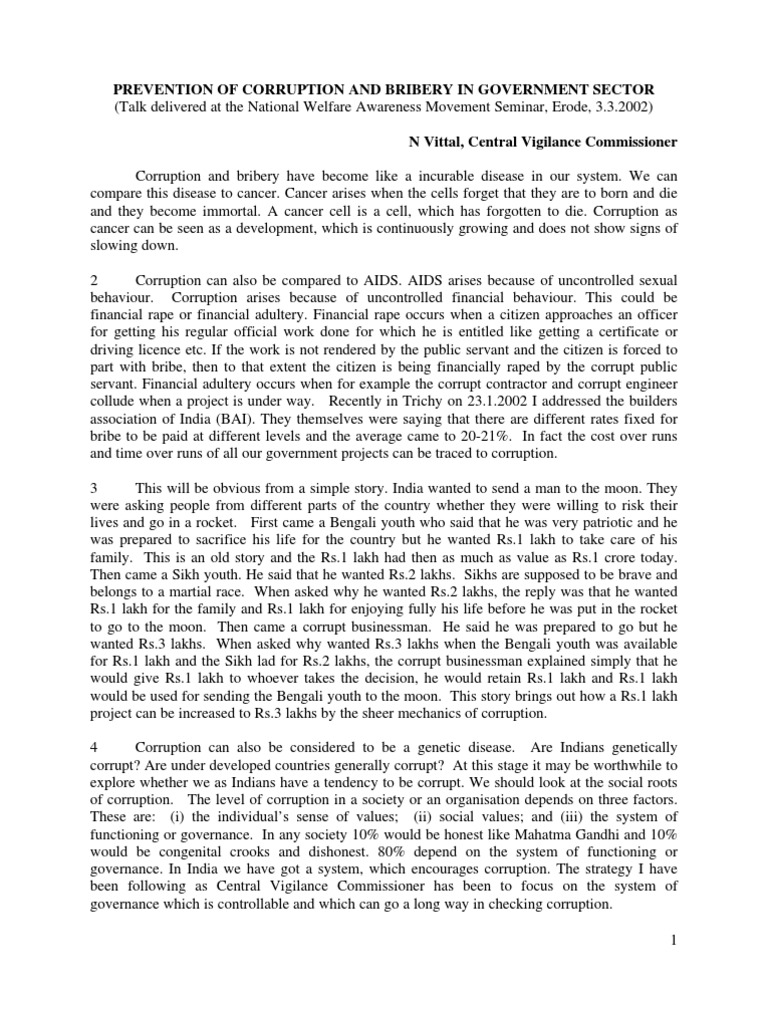 Prevention of Corruption and Bribery in Government Sector | PDF ...