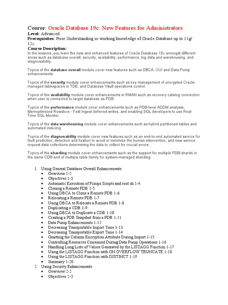 Oracle Database 19c: New Features For Administrators: Course | PDF ...