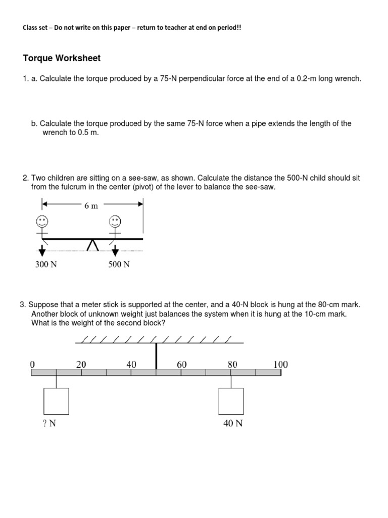 Torque Worksheet: Class Set - Do Not Write On This Paper - Return To ...