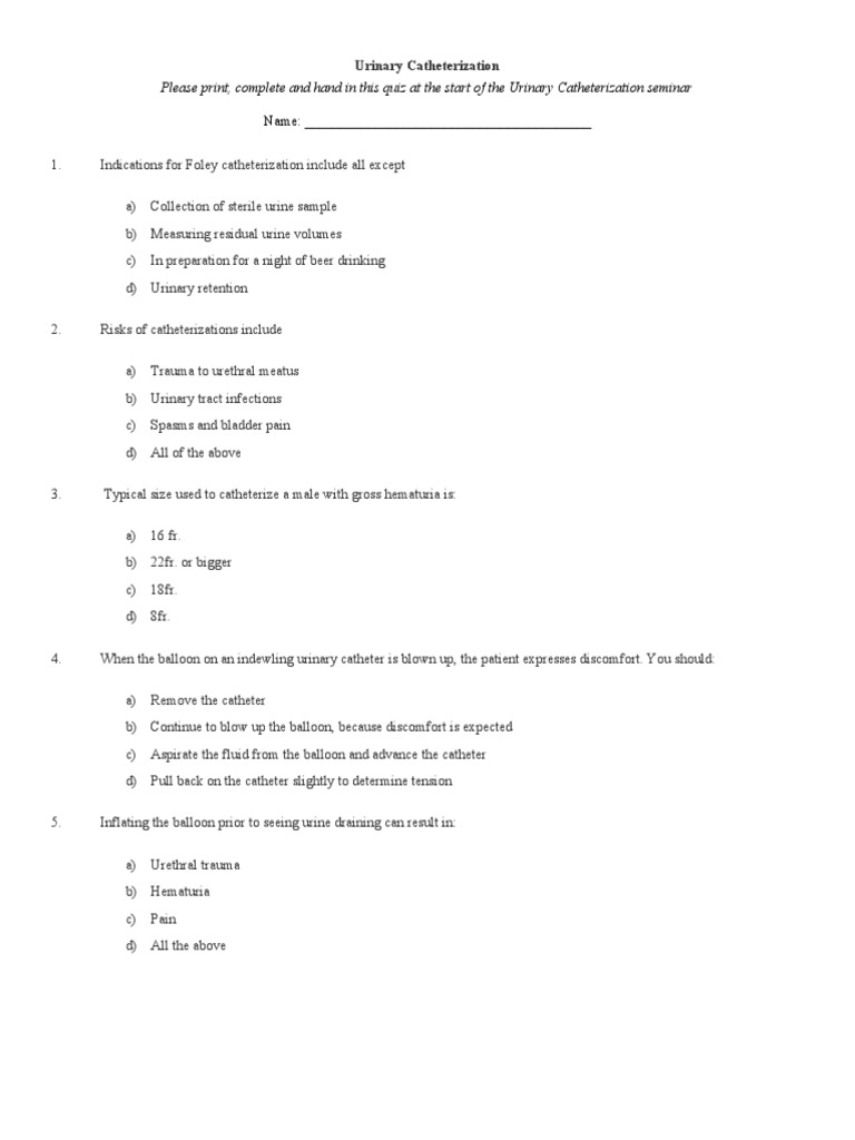Urinary Catheterization Quiz | PDF