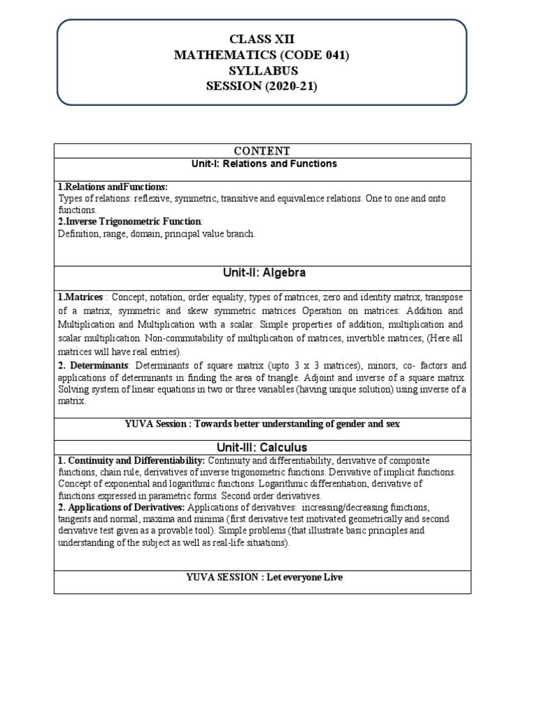 SESSION 2020-21: Class Xii Mathematics (Code 041) Syllabus SESSION (2020-21) | PDF | Matrix ...