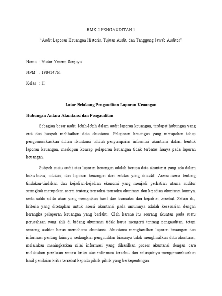 RMK 2 Laporan Keuangan Historis, Tujuan Audit Dan Tanggung Jawab Auditor (190424761) | PDF