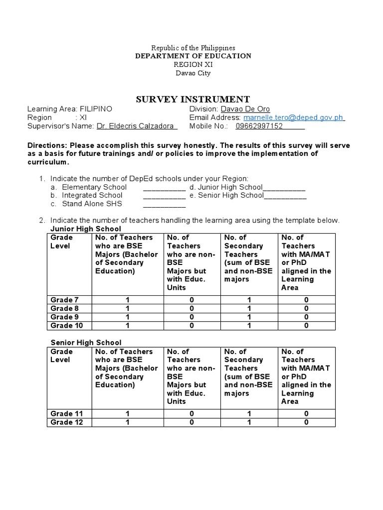 Survey Instrument: Marnelle - Tero@deped - Gov.ph | PDF | Bachelor's ...