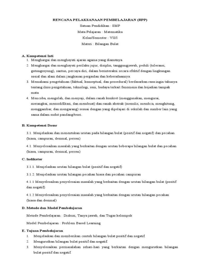RPP SMP Kelas 7 Bilangan Bulat | PDF