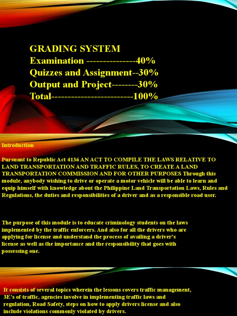 GRADING SYSTEM AND TRAFFIC LAWS | PDF | Traffic | Road Traffic Safety