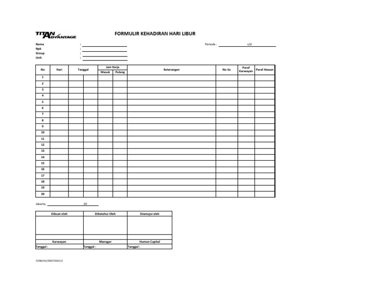 Formulir Kehadiran Hari Libur | PDF