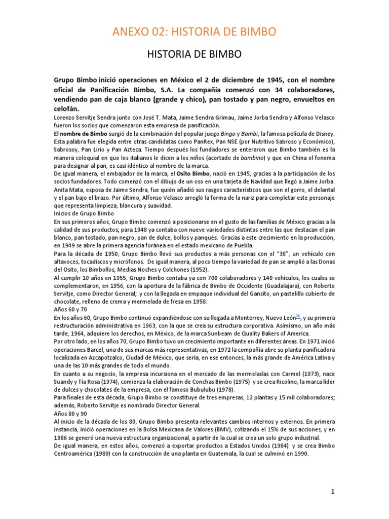 Anexo 02 - Historia de Bimbo | PDF | Business | Alimentos