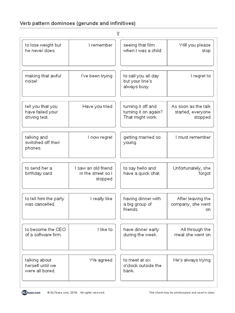 Verb Pattern Dominoes (Gerunds and Infinitives) : This Sheet May Be ...