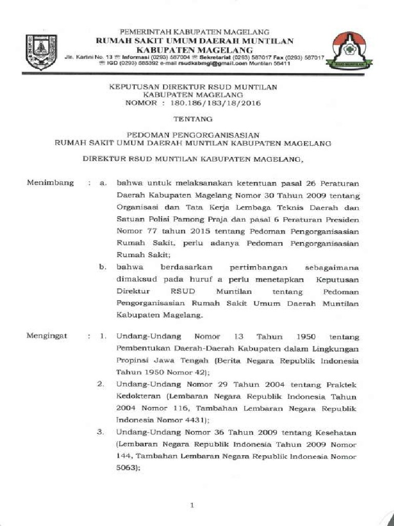 Pedoman Pengorganisasian RSUD Muntilan | PDF
