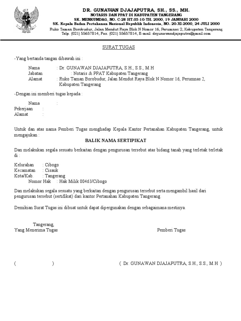 Surat Tugas Notaris Ke Staff Untuk Balik Nama 2 | PDF