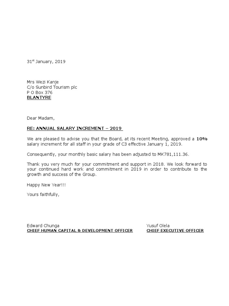 Annual Salary Increment - January 2019 SAMPLE LETTER - A2 TO C4 GRADE ...