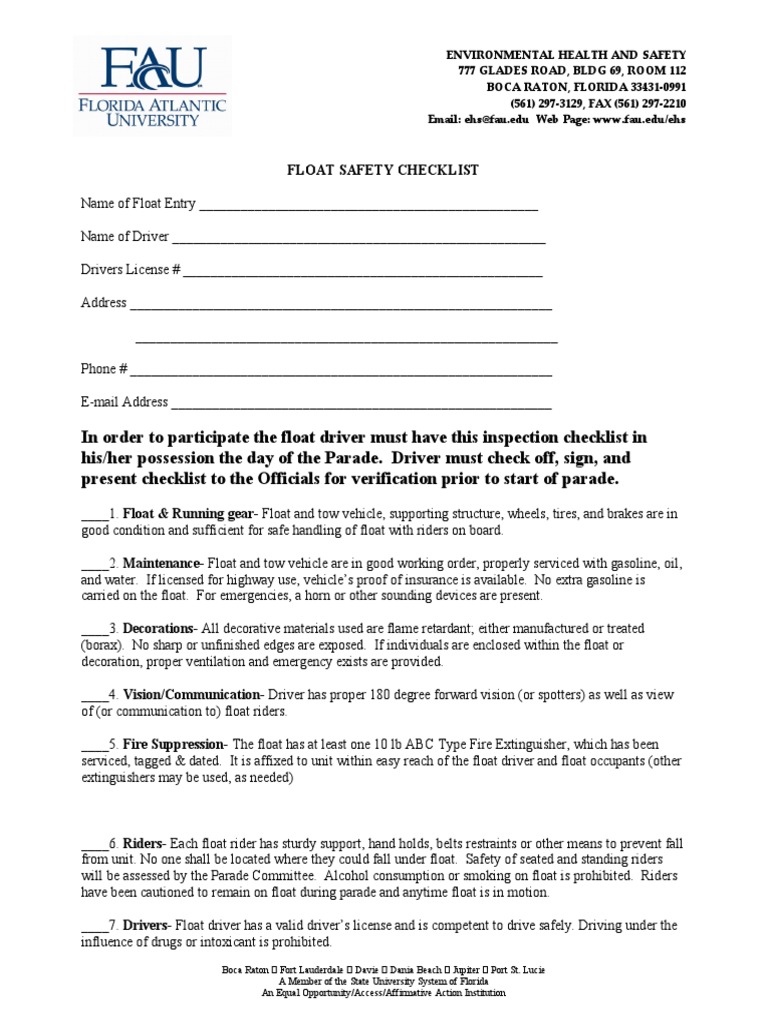 Float Safety Checklist | PDF | Manufactured Goods | Safety
