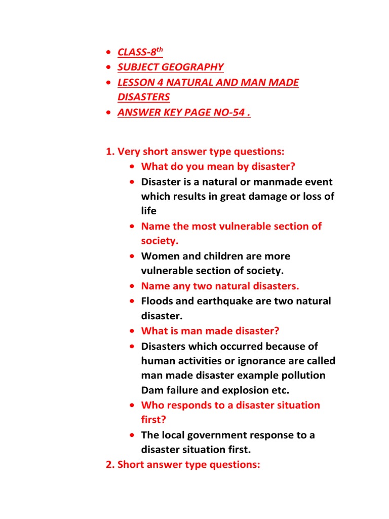 Natural and Man-Made Disasters: An Answer Key for 8th Grade Geography ...