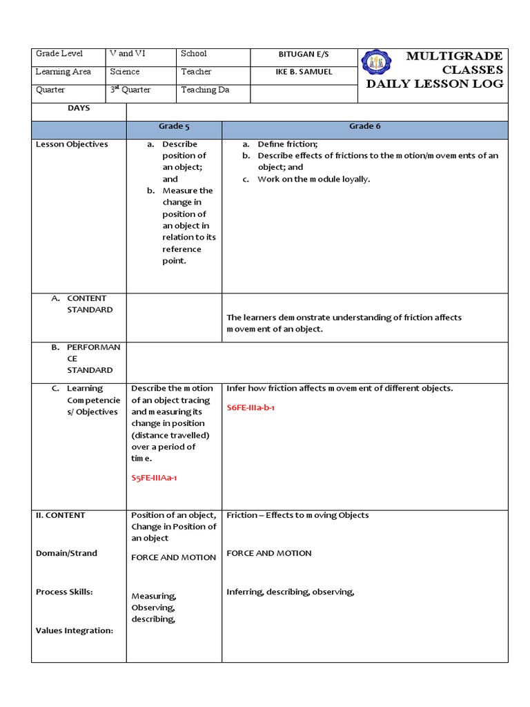 Multigrade Classes Daily Lesson Log: Days Grade 5 Grade 6 | PDF | Force ...