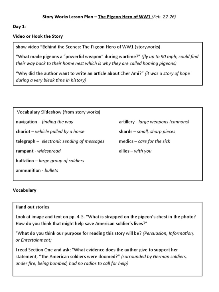 Pigeon Hero of WW1 Lesson Plan | PDF | Warfare | Military