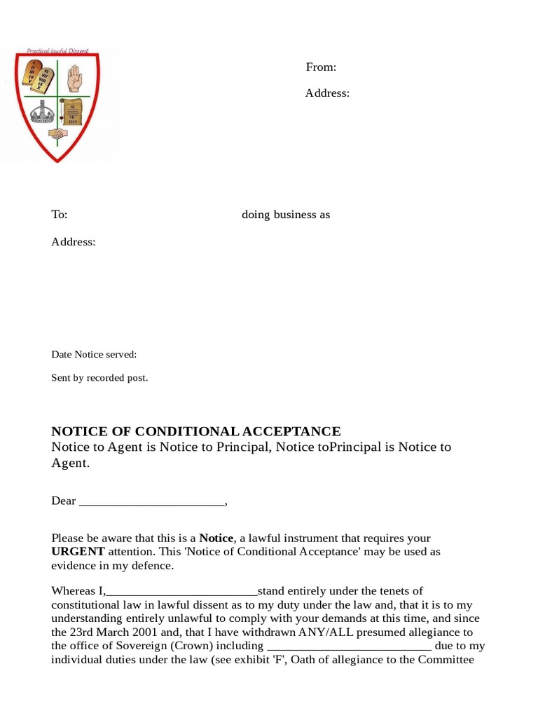 Notice of Conditional Acceptance | PDF | Oath Of Office | Magna Carta