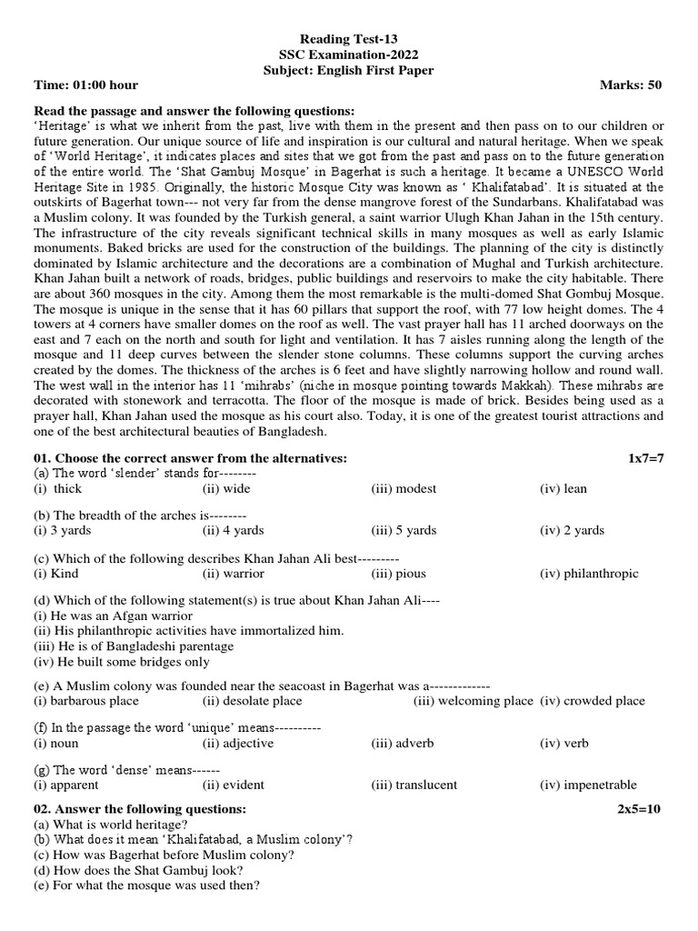 Reading Test-13 SSC Examination-2022 Subject: English First Paper Time ...