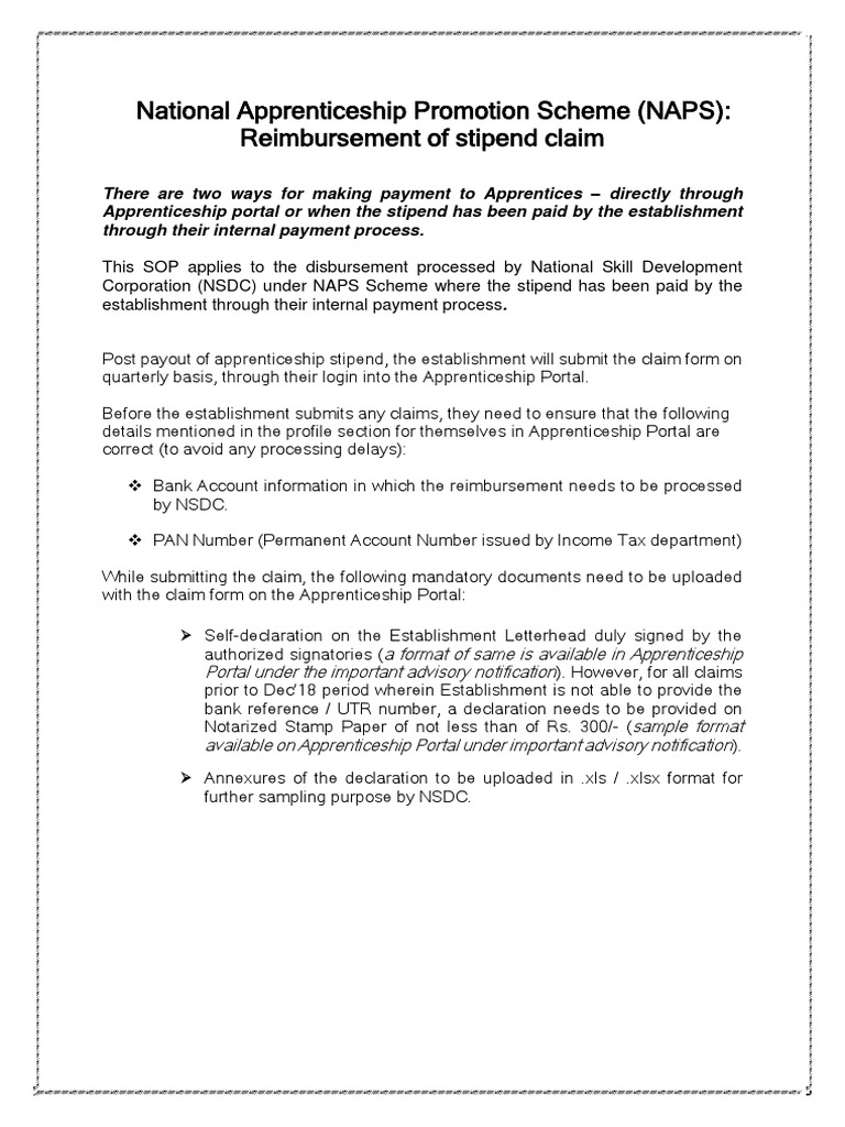 NAPS Stipend Claim Process Overview | PDF | Apprenticeship | Payments