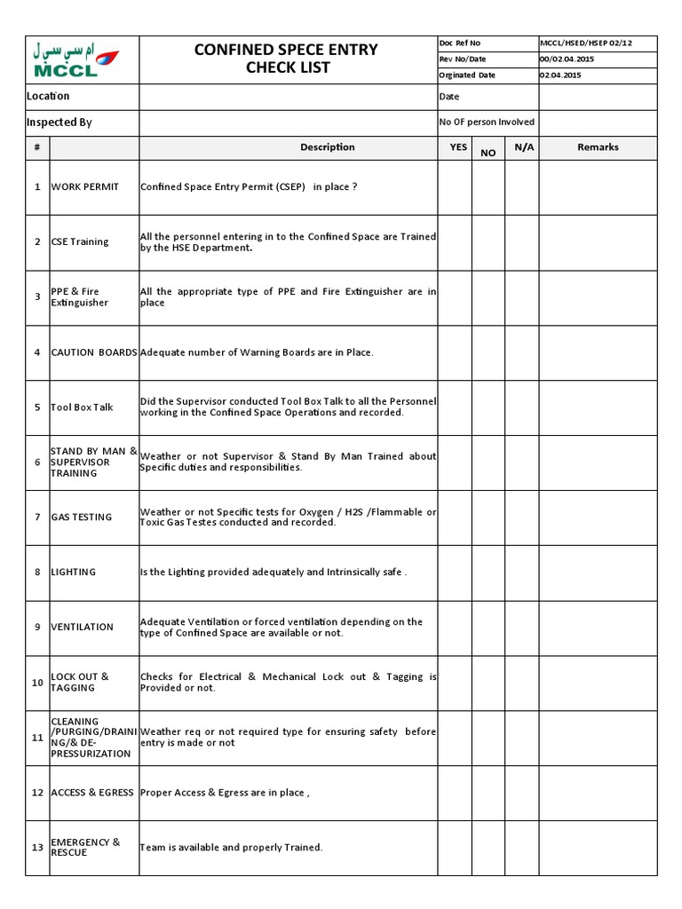 Confined Space Entry Checklist | PDF