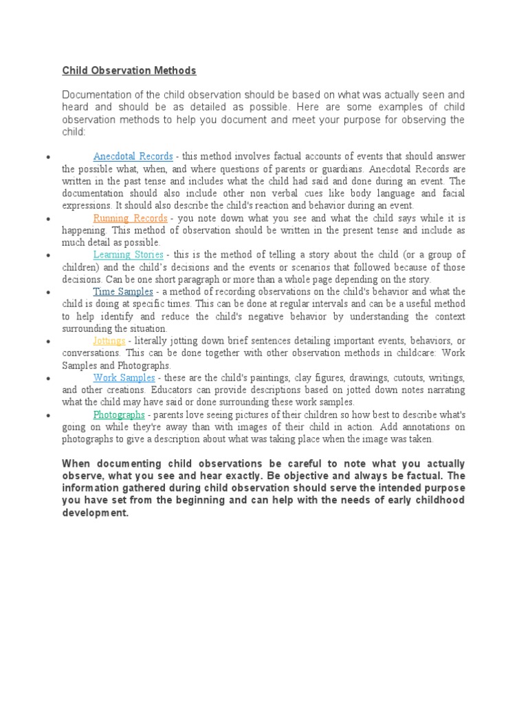 Child Observation Methods | PDF | Observation | Child Care