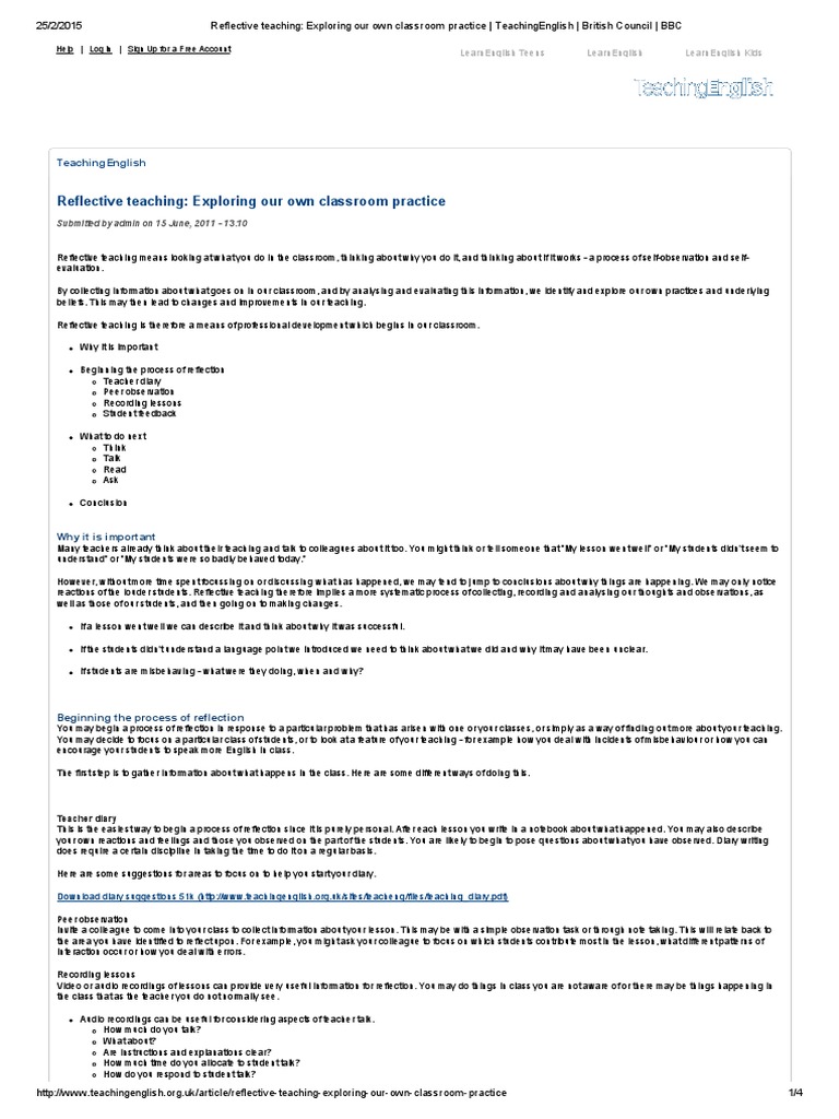 Reflective Teaching - Exploring Our Own Classroom Practice ...