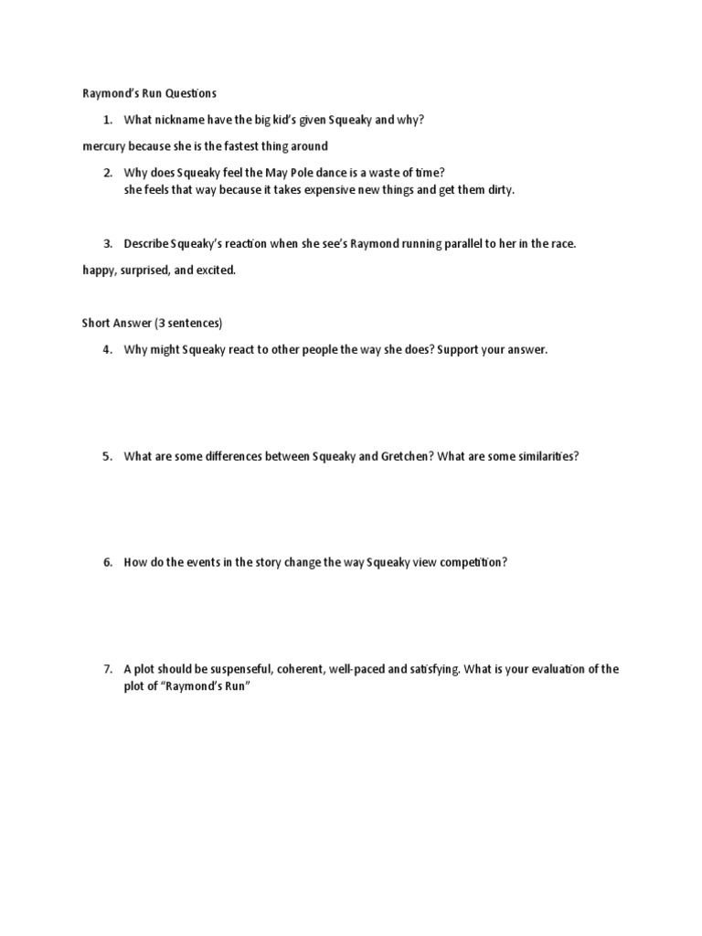 Raymond's Run Comprehension Questions | PDF
