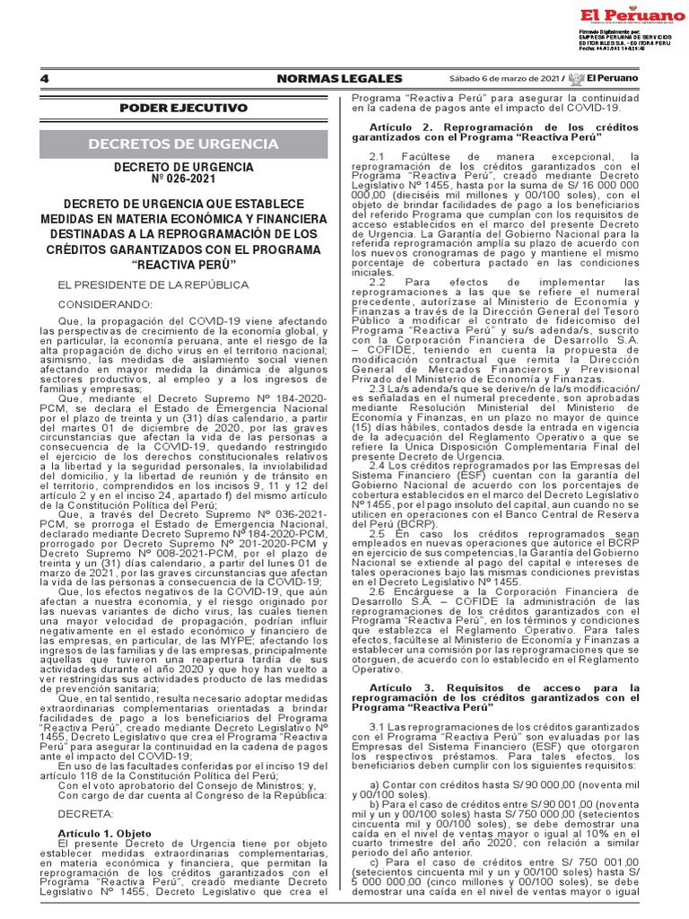 Decretos de Urgencia: 4 Normas Legales | PDF | Estado de emergencia | Perú