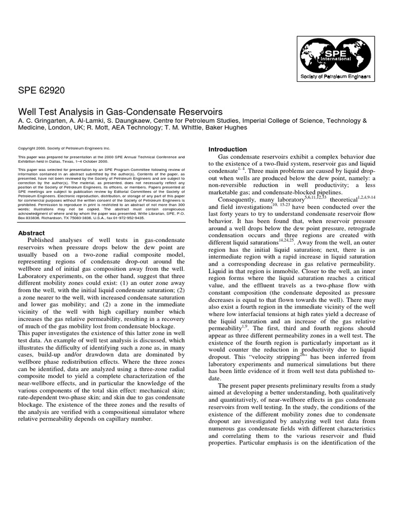 SPE 62920 Well Test Analysis in Gas-Condensate Reservoirs | PDF ...