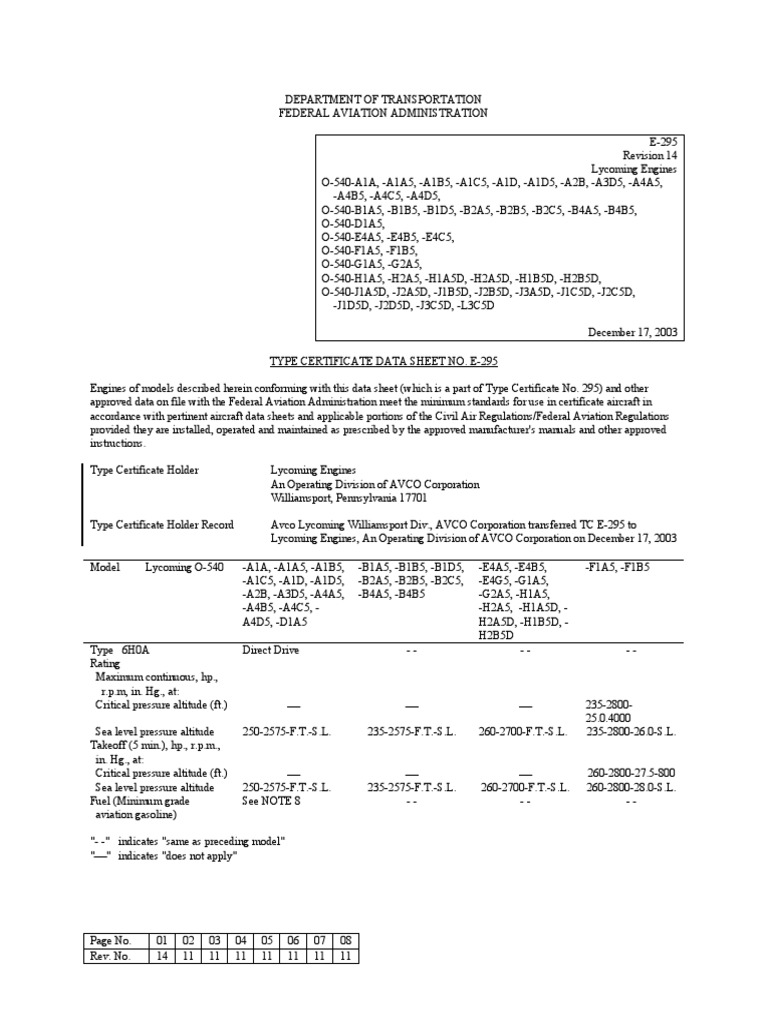 Lycoming O-540 Engine Specifications | PDF | Federal Aviation ...