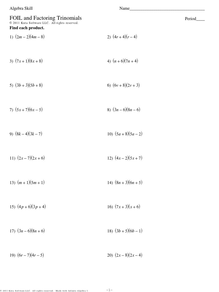 Algebra Skill - FOIL and Factoring Trinomials | PDF