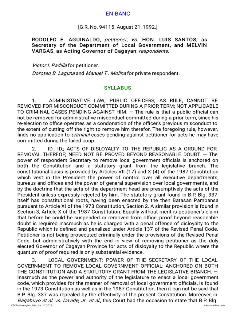 Aguinaldo v. Santos | PDF | Government | Public Law