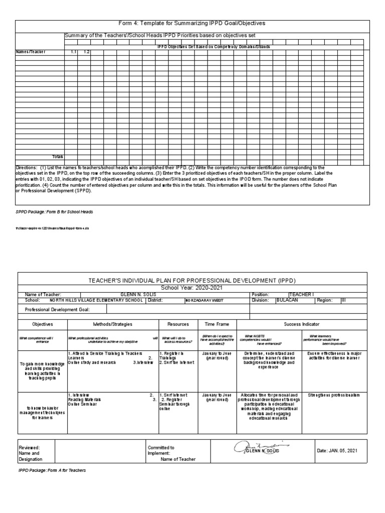 Form 4: Template For Summarizing IPPD Goal/Objectives | PDF ...