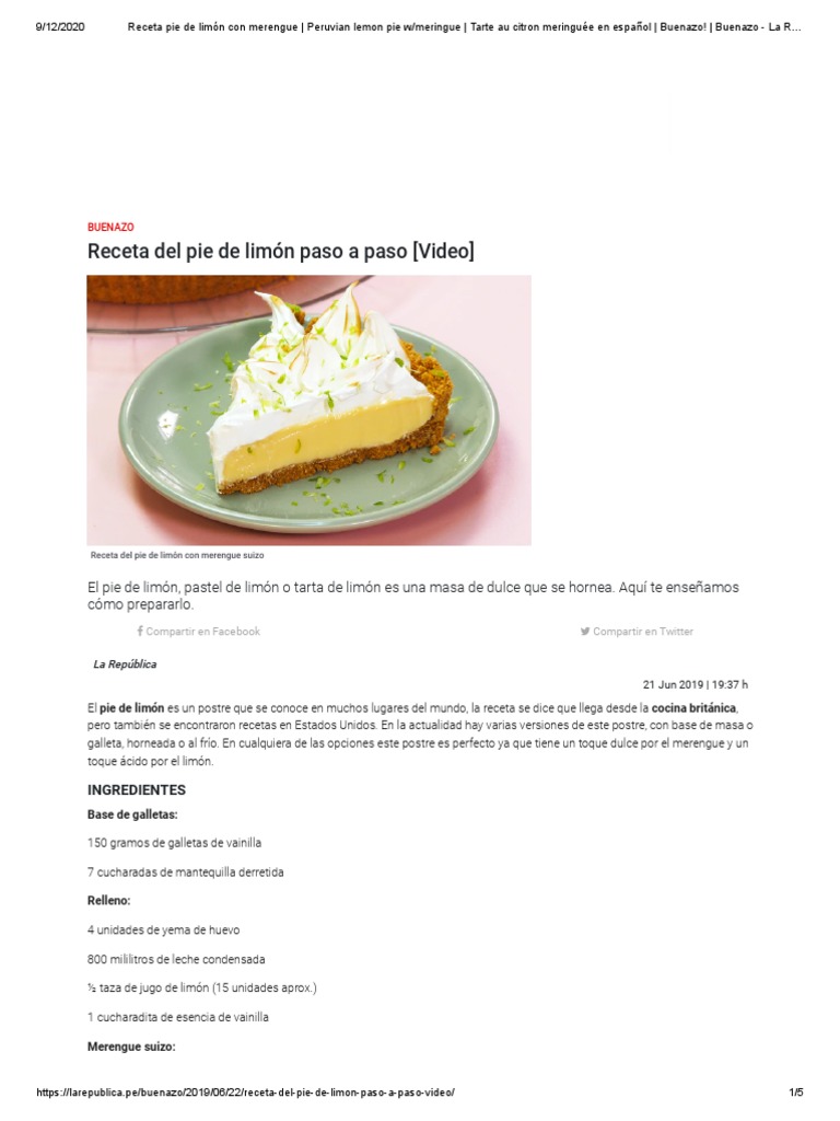Receta Pie de Limón Con Merengue - Peruvian Lemon Pie W - Meringue ...