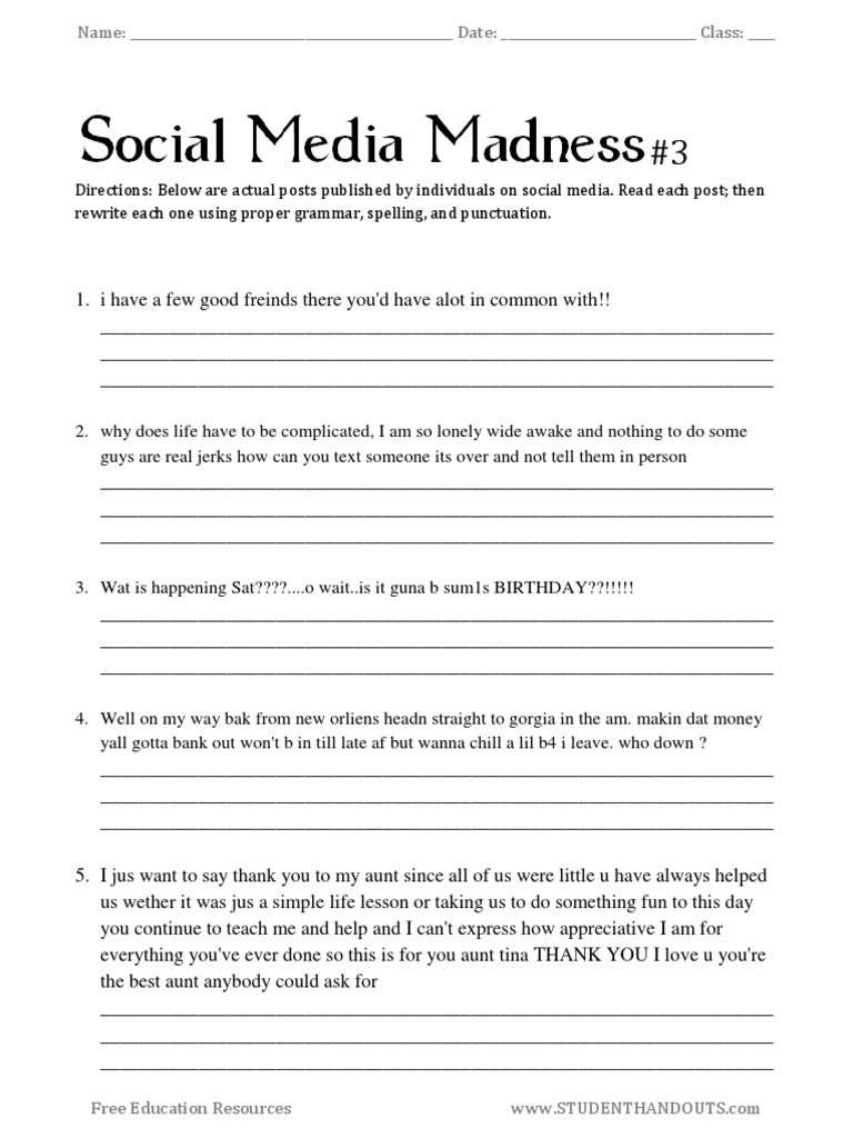 Social Media Madness 3 Grammar Spelling Worksheet | PDF