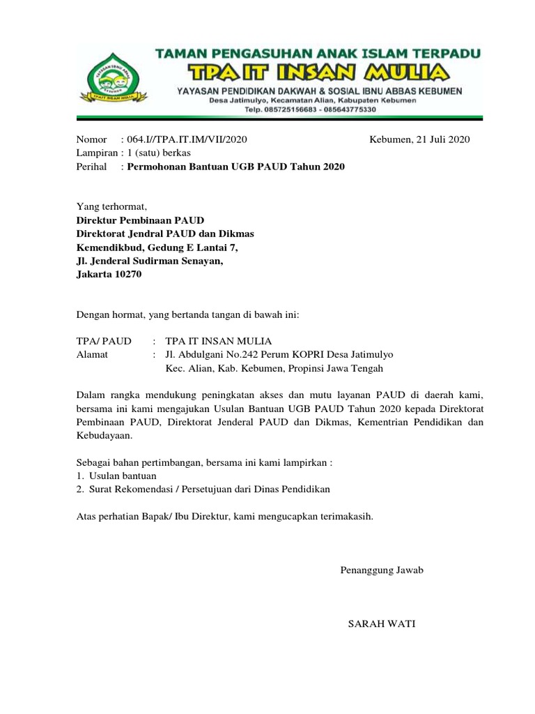 Proposal Paud Tpa It Insan Mulia 2020 | PDF