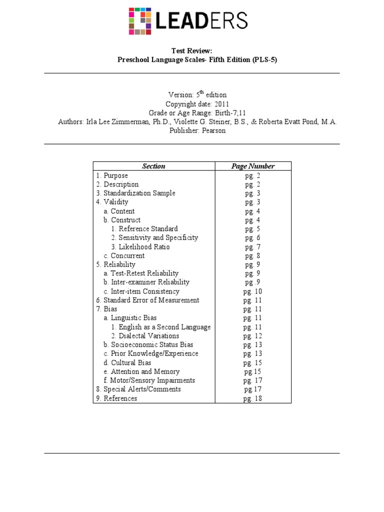 Test Review: Preschool Language Scales-Fifth Edition (PLS-5) | PDF ...