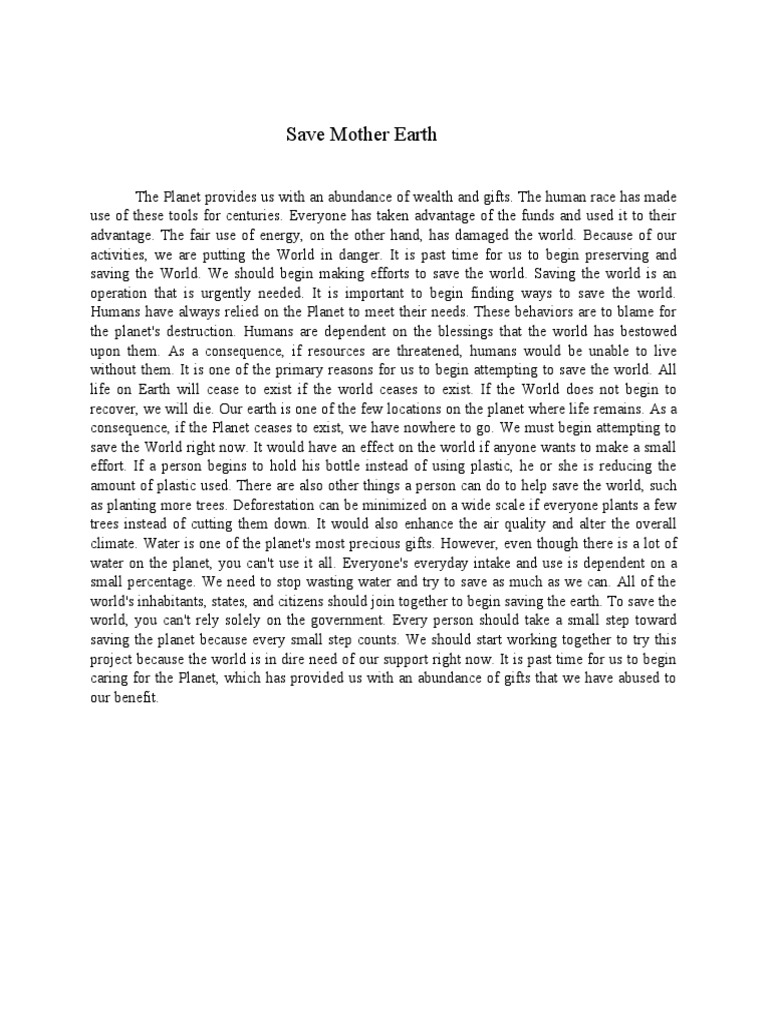 Save Mother Earth (ESSAY) | PDF | Human | Water