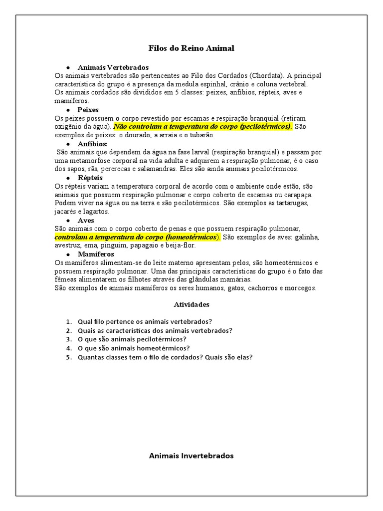 Os principais filos de animais vertebrados e invertebrados: suas ...