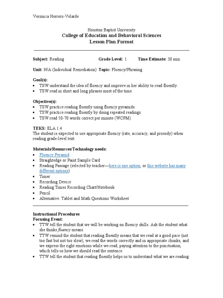 Dra Lesson Plan-Fluency | PDF | Fluency | Lesson Plan