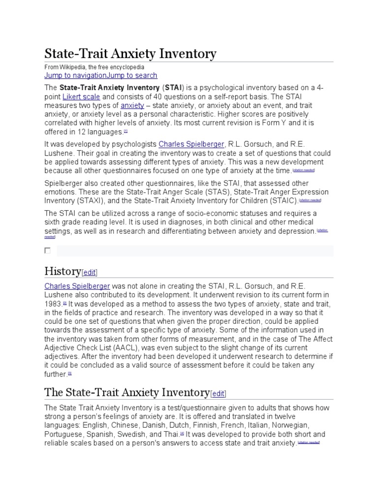 State-Trait Anxiety Inventory: History | Download Free PDF ...
