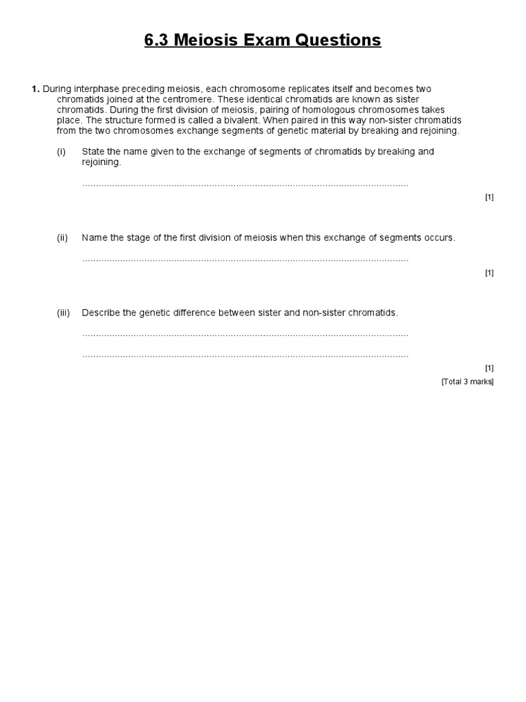 Meiosis Exam Questions and Answers | PDF | Meiosis | Cell Cycle