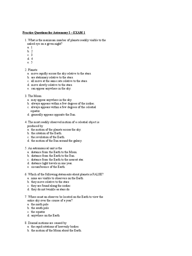 Practice Questions For Astronomy I | PDF | Gravity | Heliocentrism