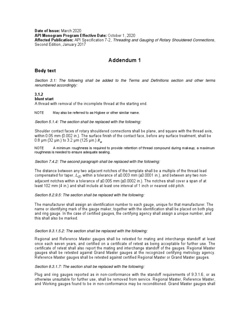 Addendum 1: Updates and Revisions to API Specification 7-2 for ...