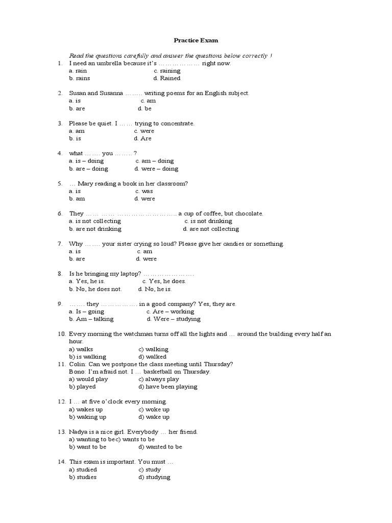 Simple Present and Present Continuous Tense Practice Exam | PDF