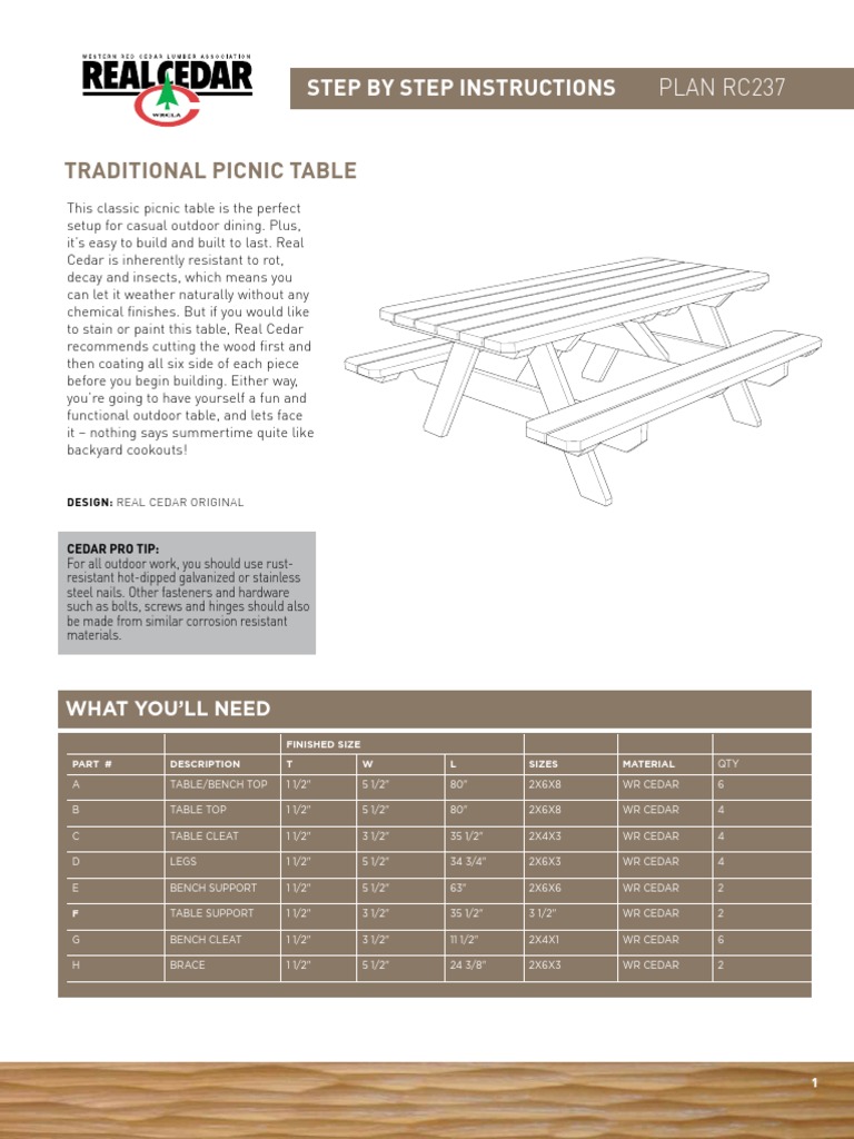 Traditional Picnic Table: Step by Step Instructions | PDF | Screw ...