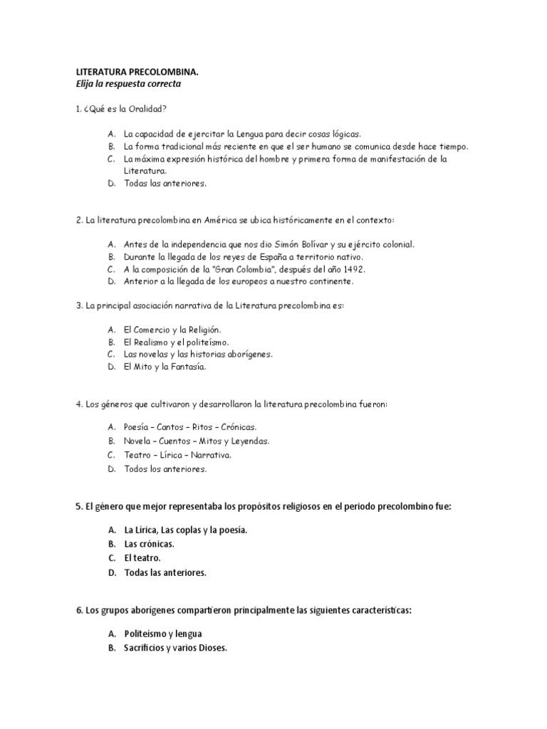 Examen 1 - LITERATURA PRECOLOMBINA - Noveno | PDF | Pueblos Indígenas ...