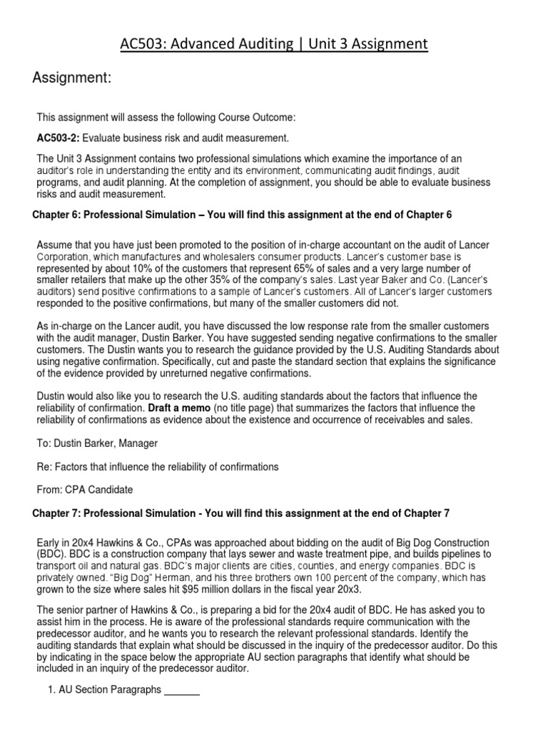 AC503: Advanced Auditing - Unit 3 Assignment | PDF | Certified Public Accountant | Audit