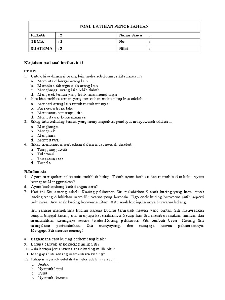 Ulangan Harian Tema 1 Sub 3 Kelas 3 | PDF