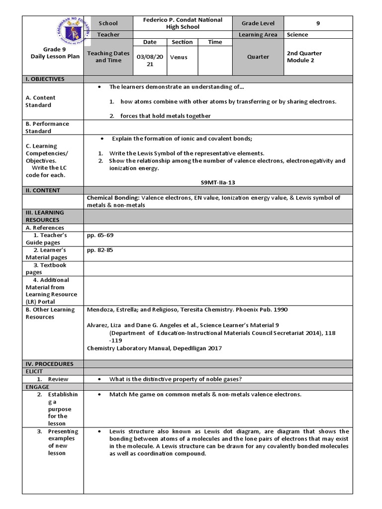 Science 9 DLP 2ND QTR | PDF | Chemical Bond | Valence (Chemistry)